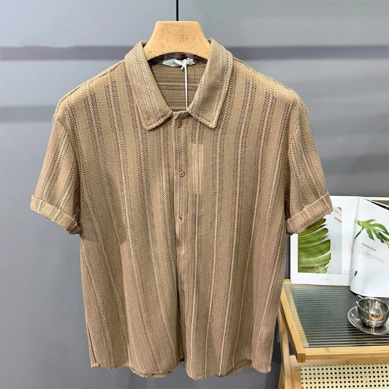 Hollow Short-sleeved Shirt Men's Summer Thin Fashion Handsome French ...