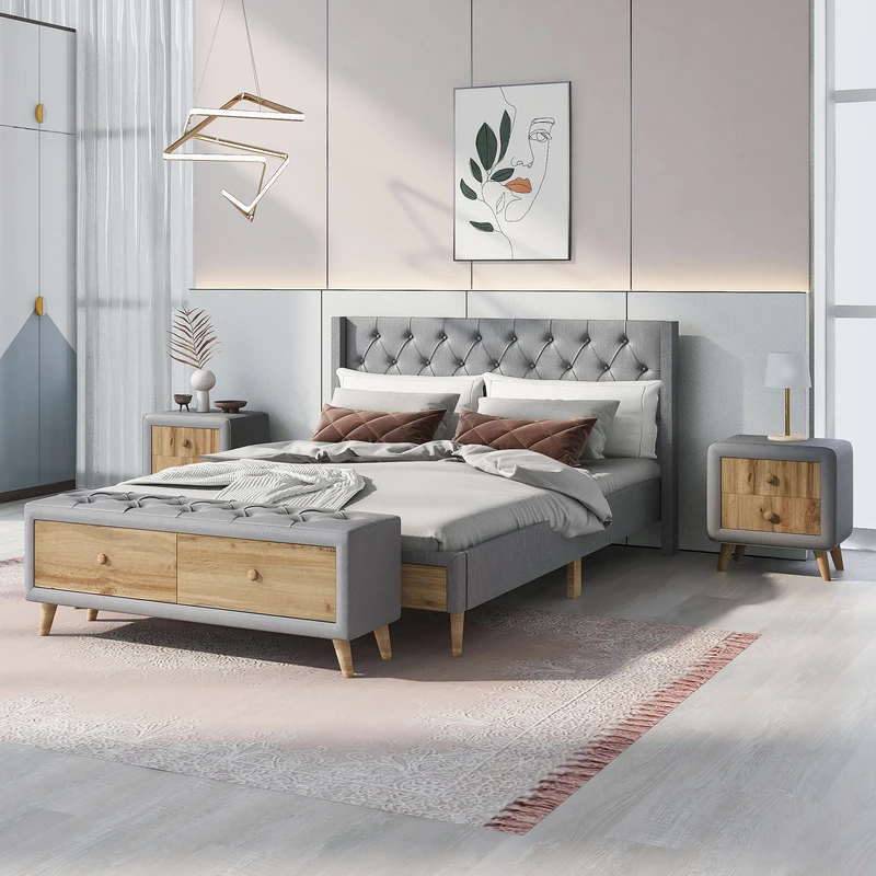 4-Pieces-Bedroom-Sets-Queen-Size-Upholstered-Platform-Bed-with-Two ...