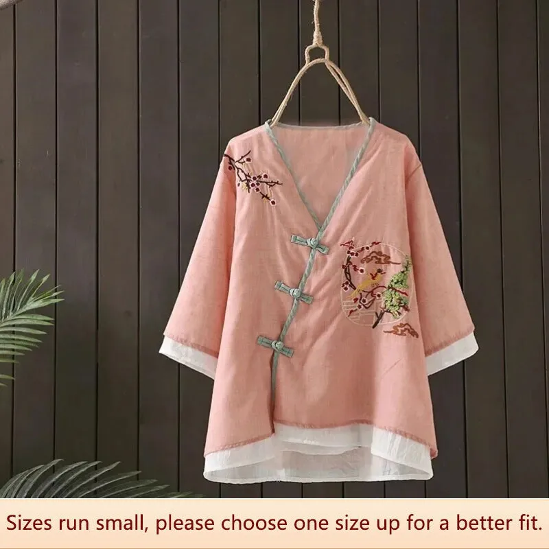 Artistic-Zen-Tea-Clothes-Embroidery-V-neck-Button-Top-Women-Open-Shirt ...