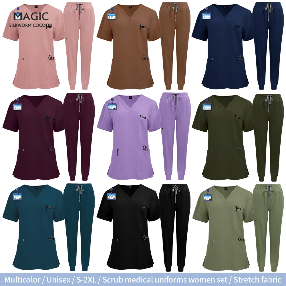 Nursing-Scrubs-Uniforms-Unisex-Jogger-Set-Spandex-Medical-Hospital ...