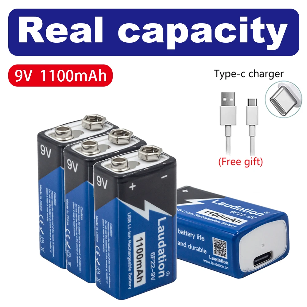 9V Battery 1100mAh Li-ion Rechargeable Battery PP3 6LR61 MN1604 6F22 ...
