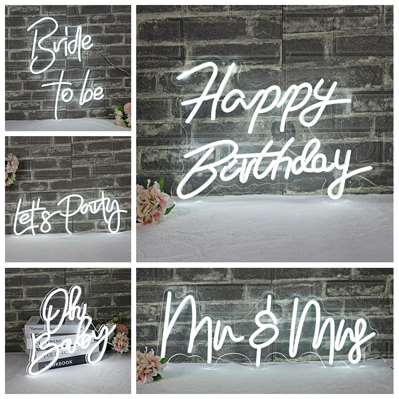 Happy Birthday Neon Sign White Led Night Oh Baby Let's Party Led Sign Reusable Happy Birthday Light
