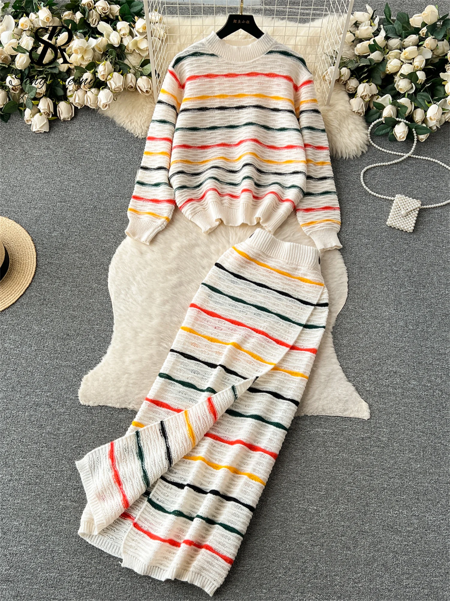 SINGREINY Autumn Vintage Knitting Stripe Sets Women O Neck Long Sleeves Top+Button Split Long ...