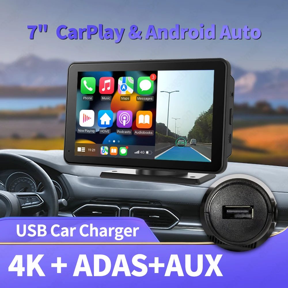 7" 4k Car Dvr 2160p Carplay Wireless Wired Android Auto Dashboard Wifi ...