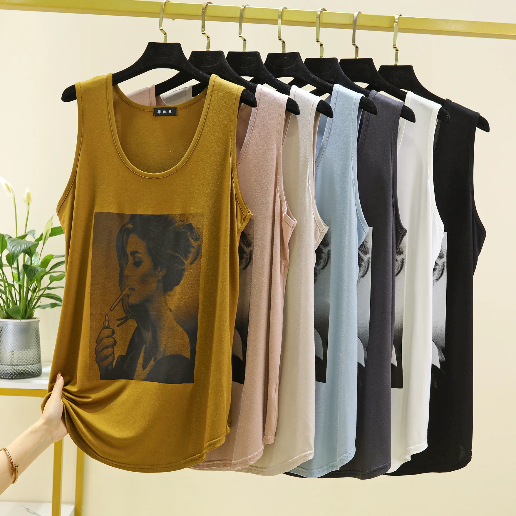 Women Long Tank Tops O-Neck Fashion Print Beauty's Head Casual Loose ...
