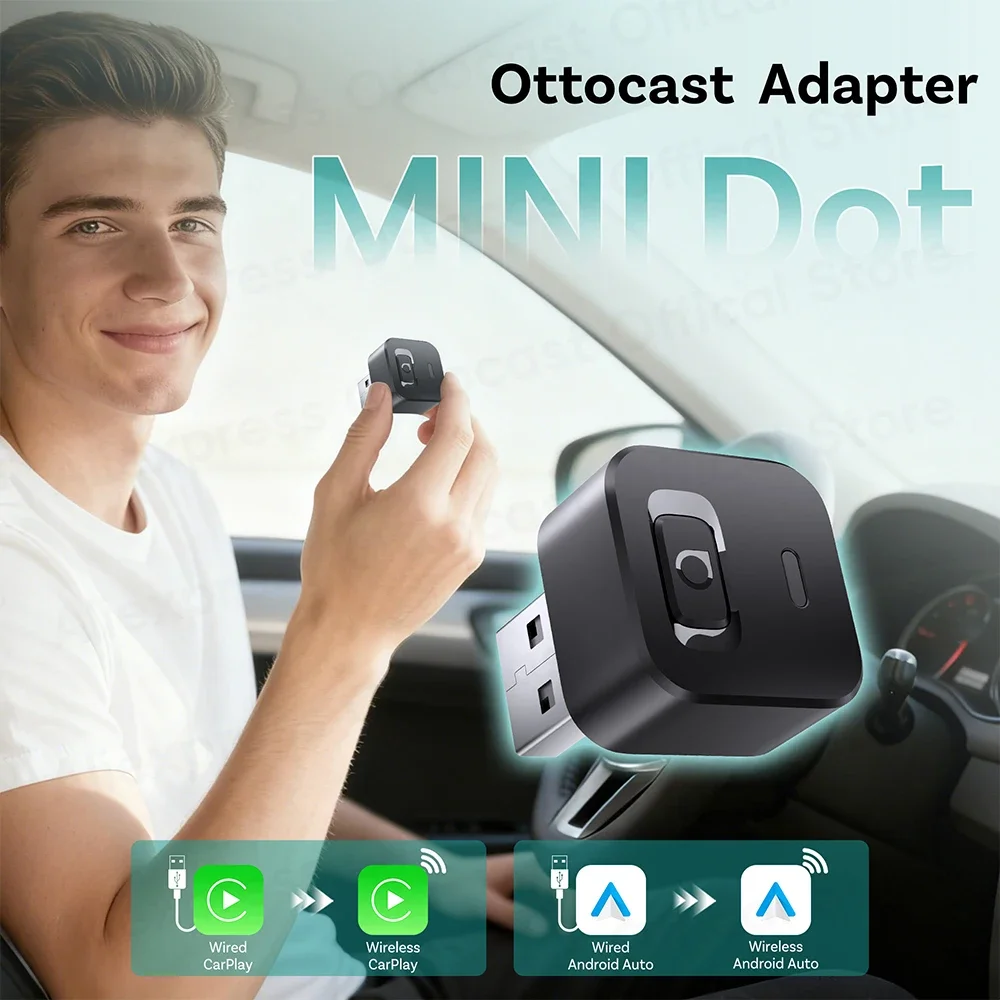 OTTOCAST Mini Dot 2 in 1 Wired to Wireless CarPlay Android Auto Adapter ...