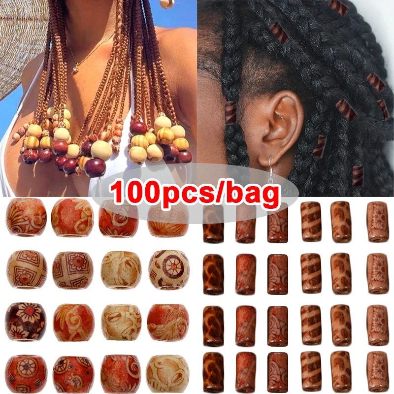 100pcs Wooden Dreadlock Beads Vintage Wood Loose Bead For Hair Braids ...