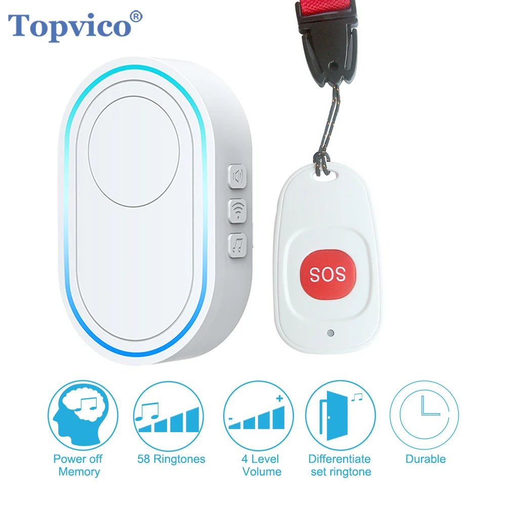 Topvico Sos Button Wireless Elderly Panic Alarm System Caregiver Pager ...