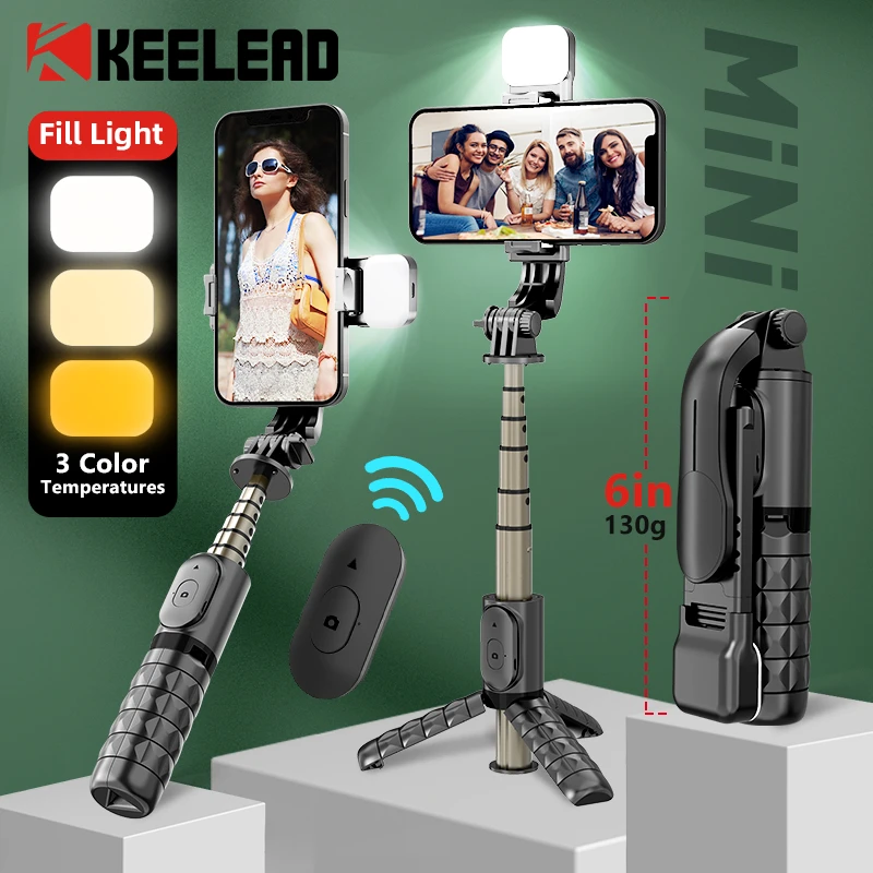 Mini Selfie Stick With Fill Light Foldable Tripod Wireless Bluetooth ...