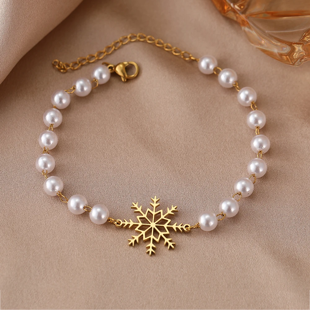 Stainless-Steel-Bracelets-Delicate-Snowflake-Christmas-Accessories-Fashion-Pearl-Chains-Charms ...