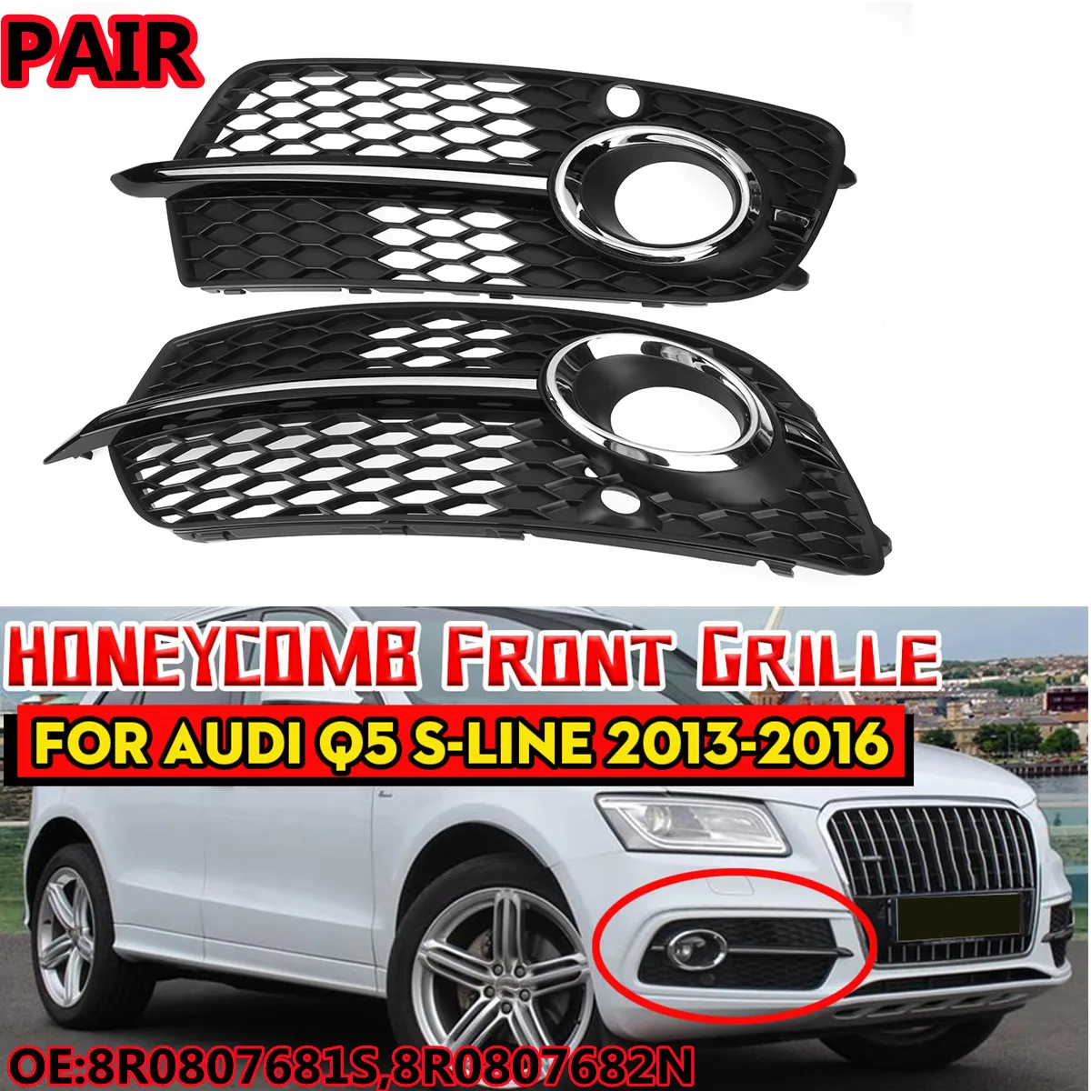 Pair-Front-Fog-Light-Cover-Grille-Honeycomb-Grill-For-Audi-Q5-Sport-S ...