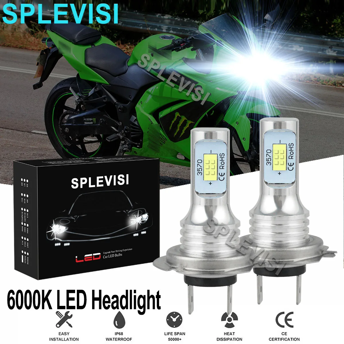 2x70W-Pure-White-Motorcylce-LED-Headlight-Bulbs-6000K-Kit-For-Kawasaki ...
