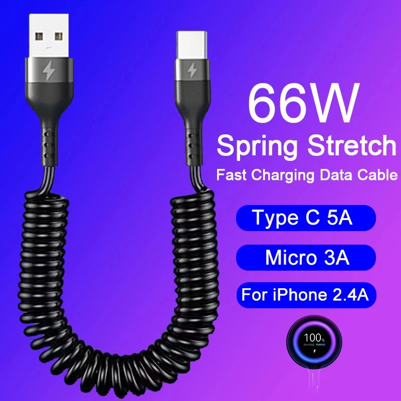 66W-5A-Type-C-Spiral-Phone-Charge-Cable-USB-Spring-Telescopic-Fast ...