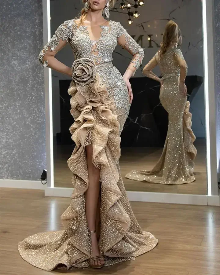 Sexy Gold Bling Night Even Banquet Dress Long Sleeve Lace Pleat Woman ...