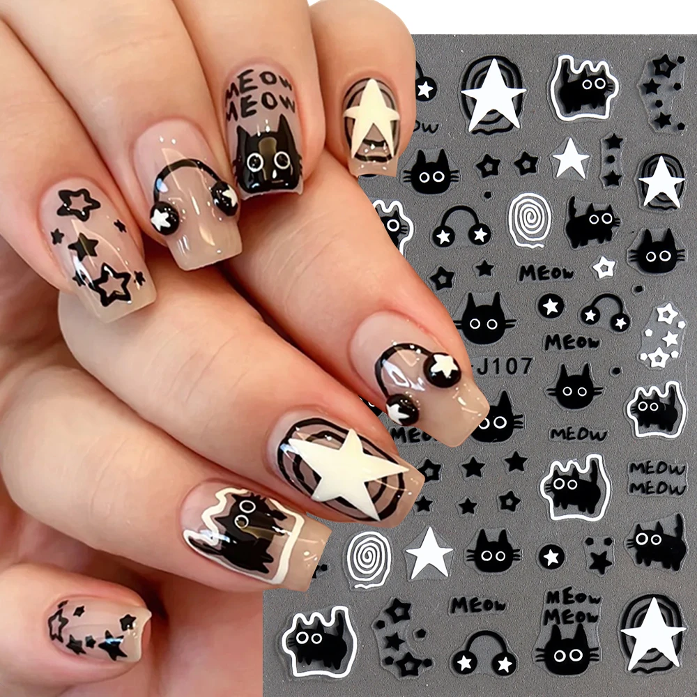 3D-Cartoon-Cat-Nail-Stickers-Cute-Meow-Black-White-Star-Graffiti-Nail ...