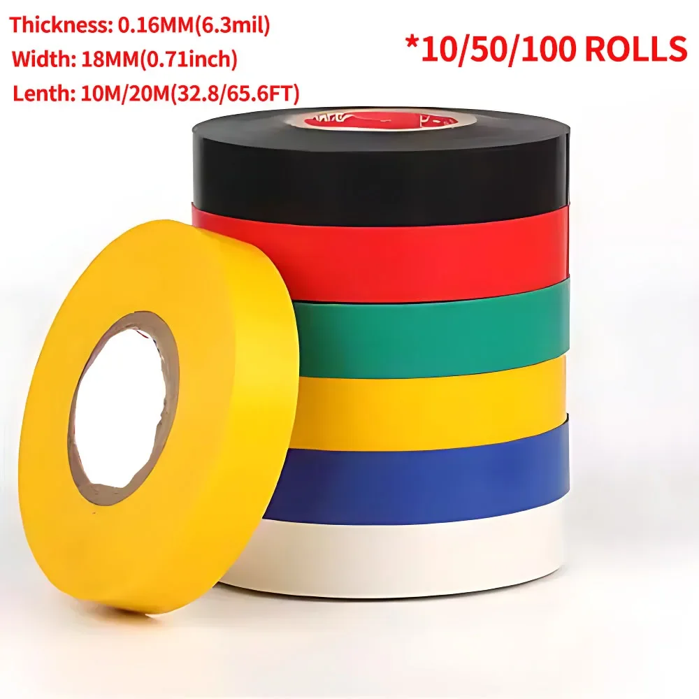 10-50-100-Rolls-10M-20M-Electrical-PVC-Tape-Waterproof-Black-Tape-Wire ...
