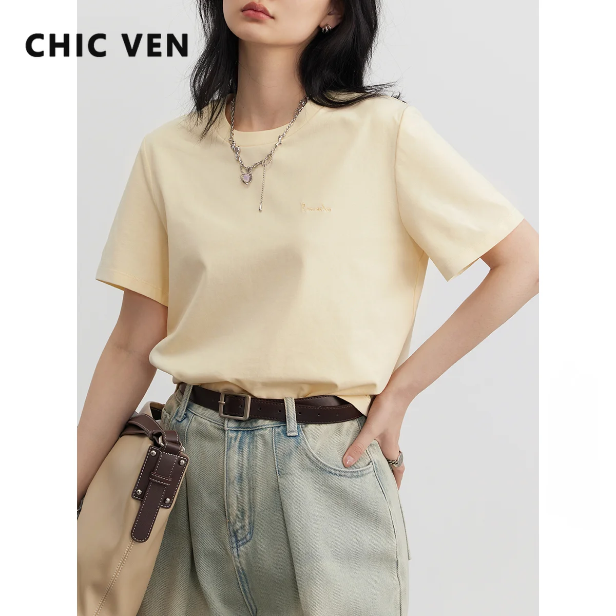 CHIC VEN Women's Tees Solid Basic Loose Letter Embroidery Round Neck ...