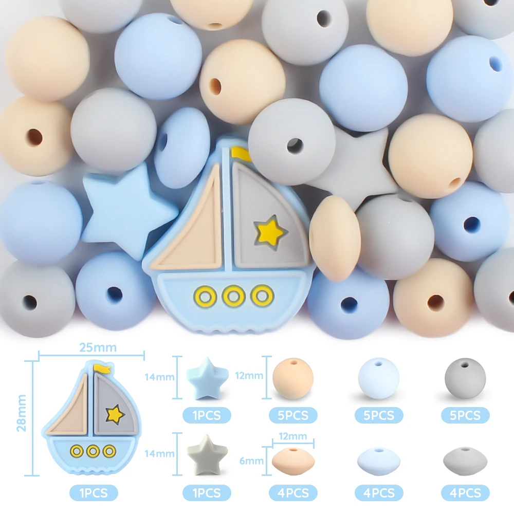 30Pcs-Set-Silicone-Beads-Set-Baby-Cartoon-Sailboat-Star-Round-Shape ...