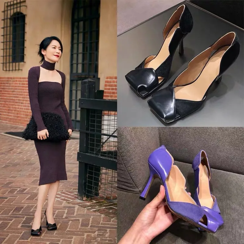 Retro-square-toe-high-heels-elegant-purple-side-air-sandals-minimalist ...