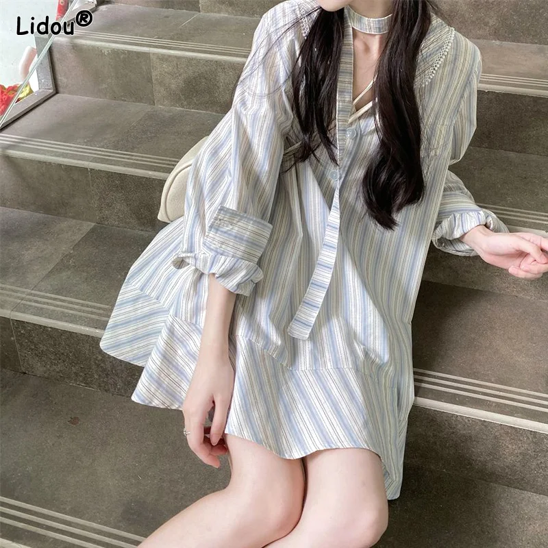 Spring-Summer-Patchwork-2022-Thin-Striped-Casual-Long-Blouses-V-neck ...