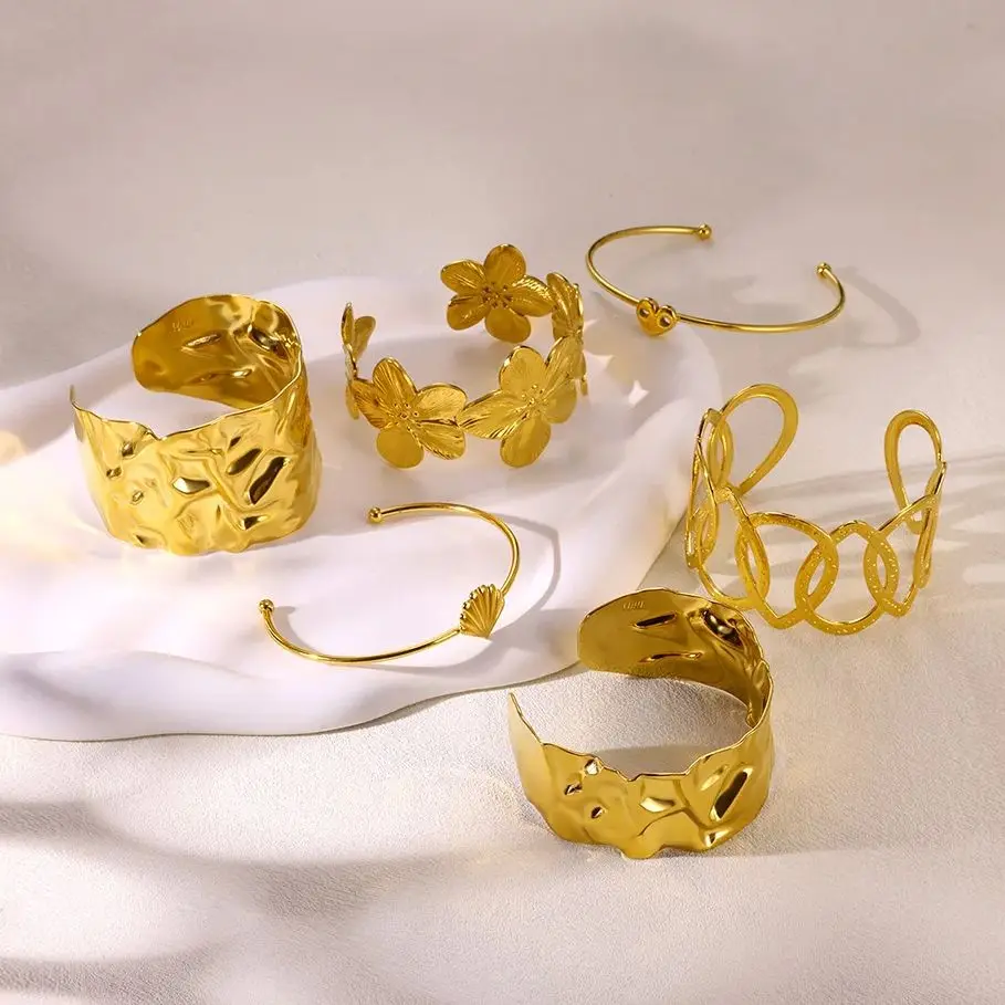 Vintage-Wide-Bangles-For-Women-Gold-Color-Stainless-Steel-Big-Flower ...