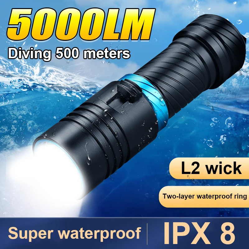 5000LM-Professional-Diving-Torch-Black-Brown-L2-Wick-Underwater-Flashlight-Waterproof-Light ...