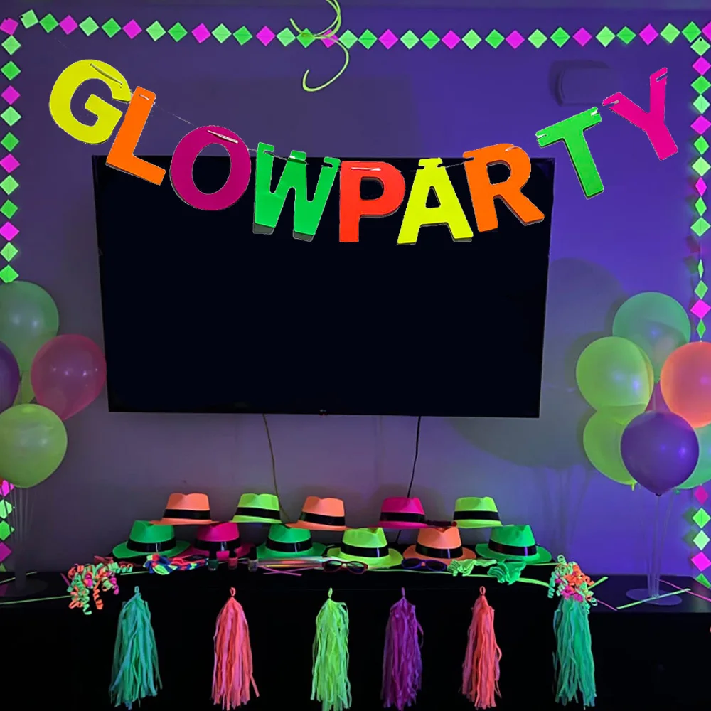 Neon-Party-Decorations-Neon-Formal-Hats-Let-s-Glow-Banner-Glow-in-The ...