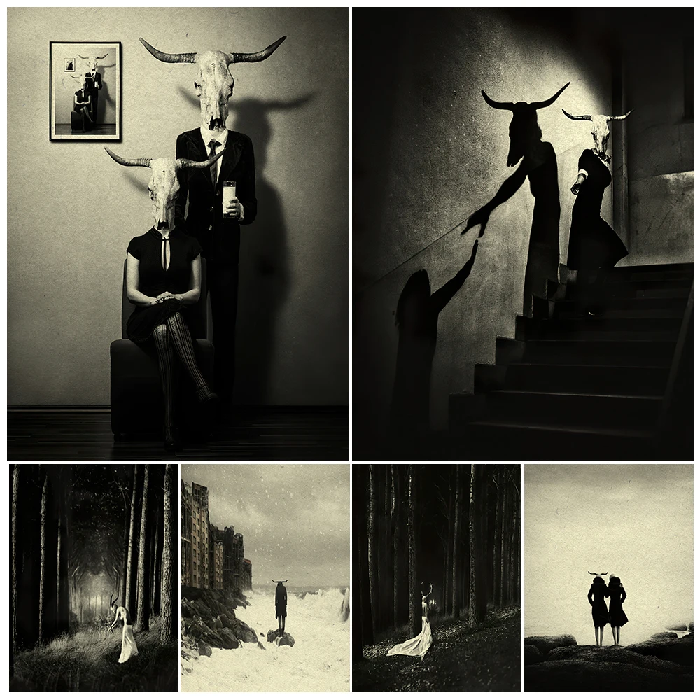 Cow-Skull-Couple-And-The-Devil-In-The-Basement-Vintage-Wall-Art-Canvas ...