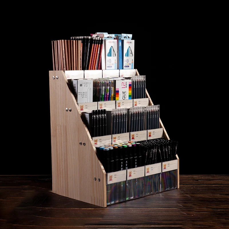 Wood-Acrylic-Pen-Holder-with-Price-Slot-Stationery-Storage-Rack-Brush ...