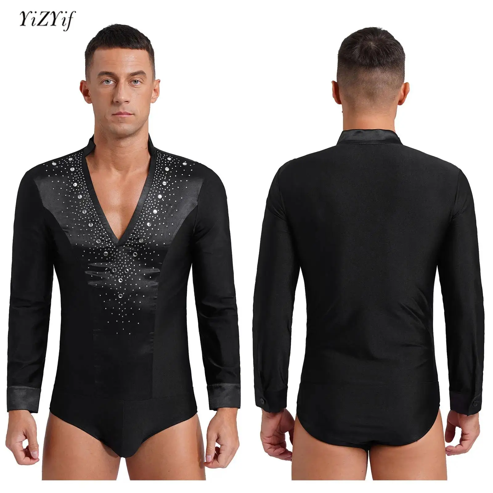 2024 Mens Jazz Latin Dance Leotard Long Sleeve Shiny Rhinestones Satin ...