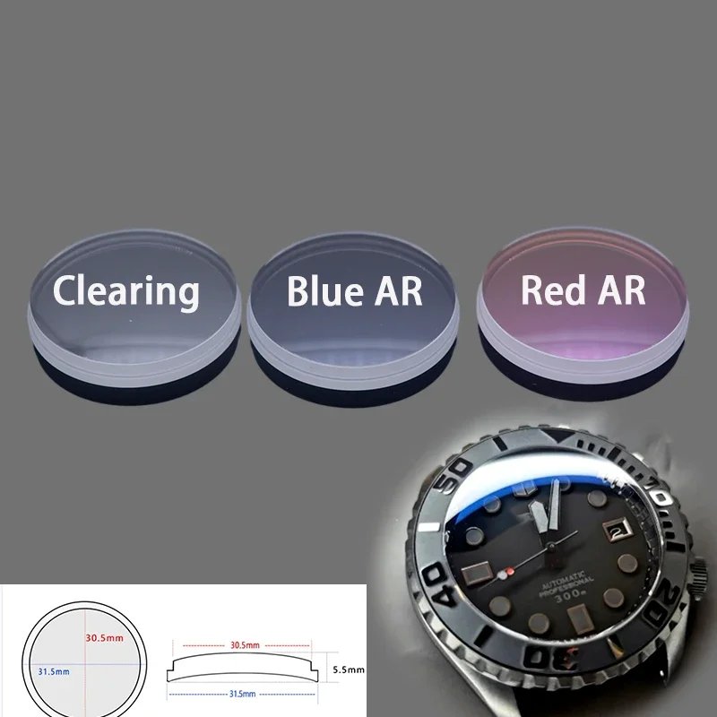 31.5mm Dome/Flat Sapphire Crystal Glass With Red Blue AR Coating Watch ...