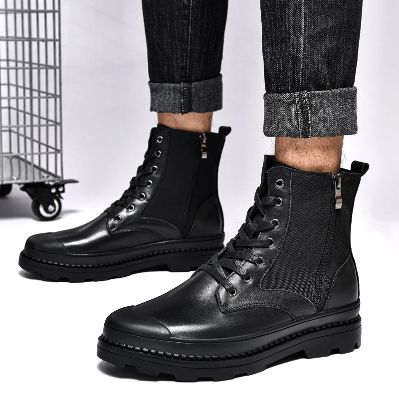 genuine Leather Boots for Men lace up plush warm snow Tactical Boots ...