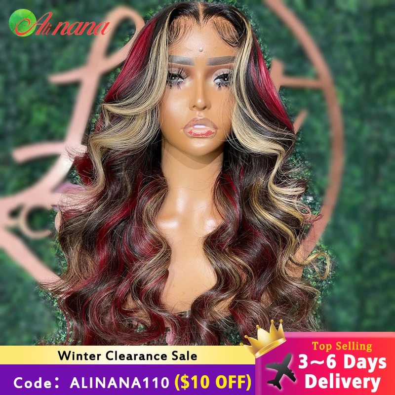 Highlight Red Blonde Colored Body Wave Straight Human Hair Wig 5x5 Lace ...