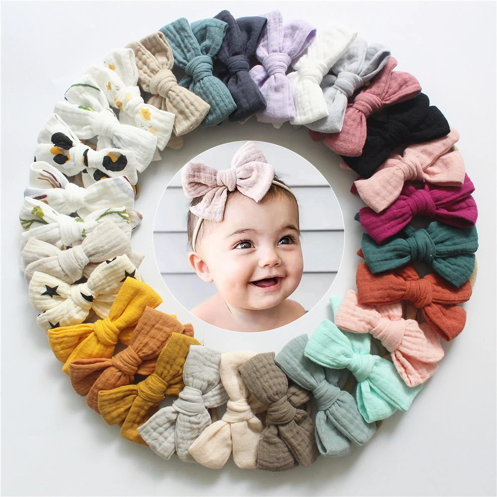 Baby Bows Head Bands Girls Kawaii Headdress Cotton Muslin Soft Nylon ...