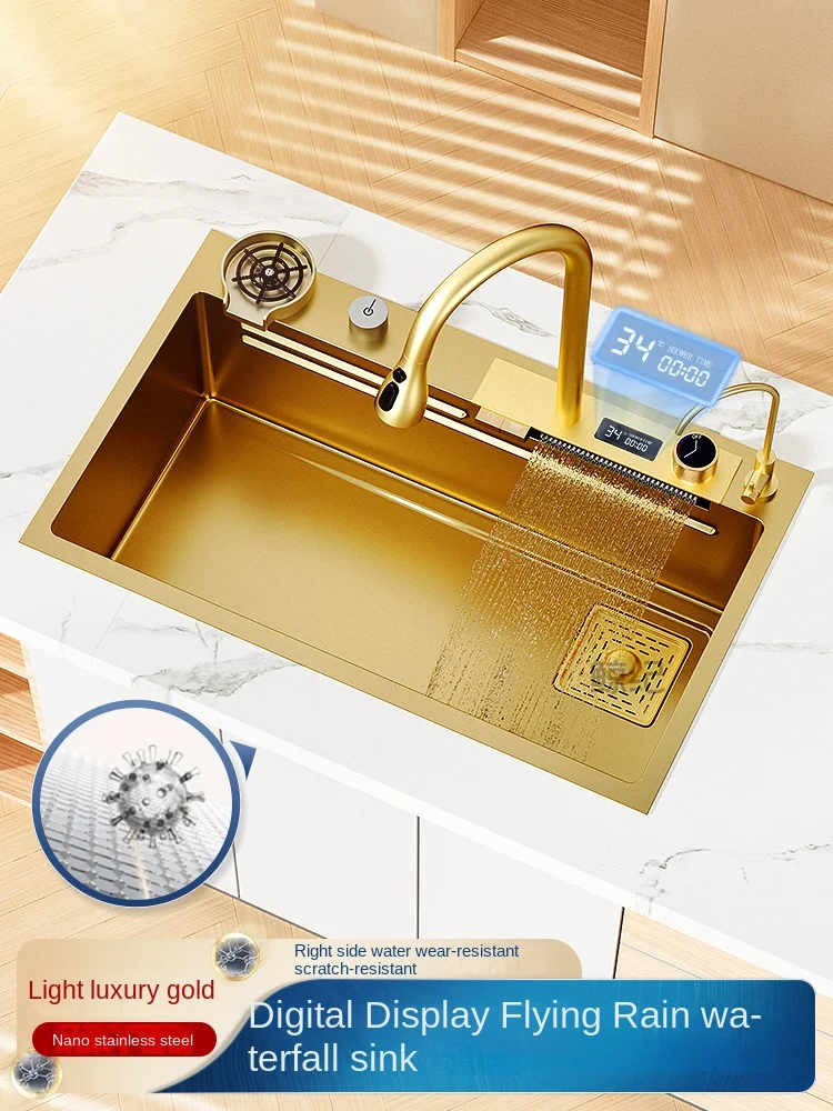 Waterfall Kitchen Sink Gold 304 Stainless Steel Modern Multifuctional ...