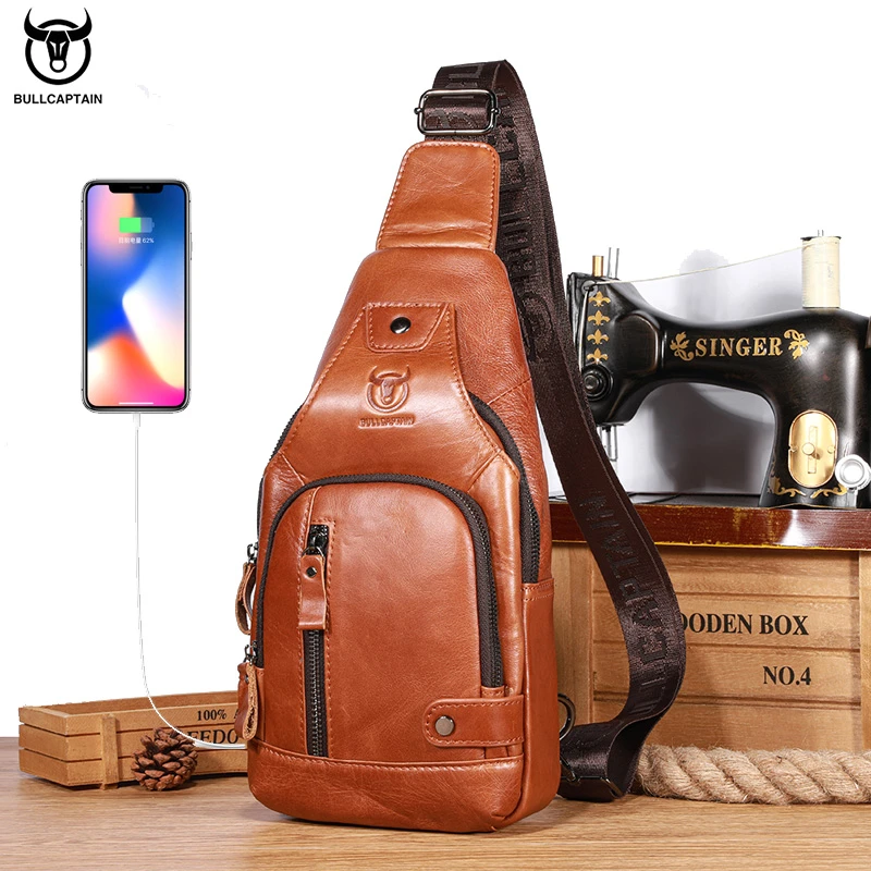BULLCAPTAIN Leather Men's Chest Pocket One Crossbody Bags With USB ...