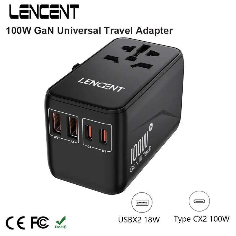 LENCENT GaN III 100W Universal Travel Adapter with 2 USB and 2 Type C ...