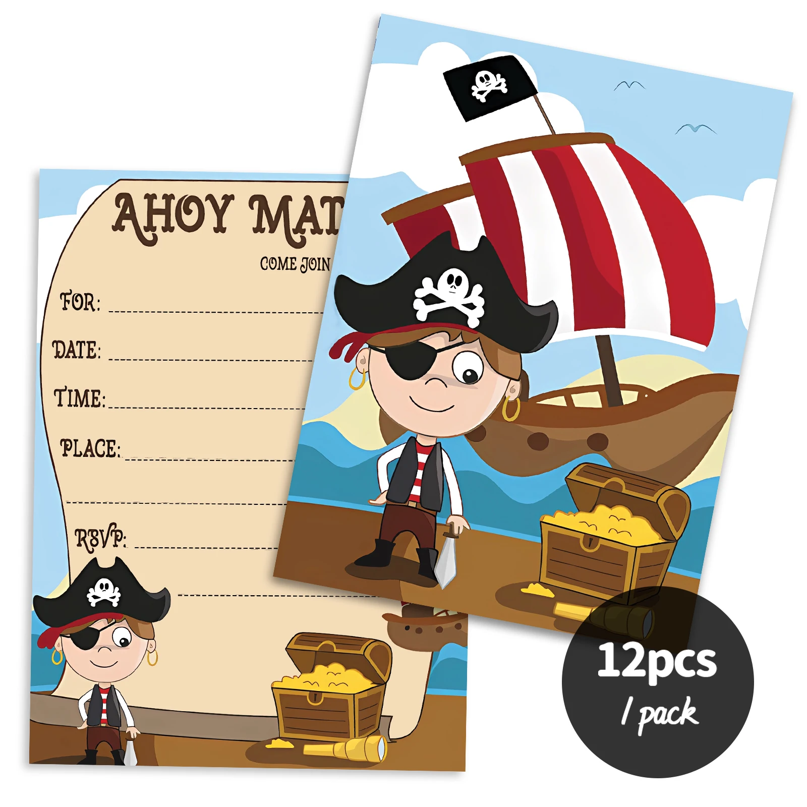 12pcs-Pirate-Themed-Birthday-Invitation-Cards-Nautical-Cartoon-Design ...