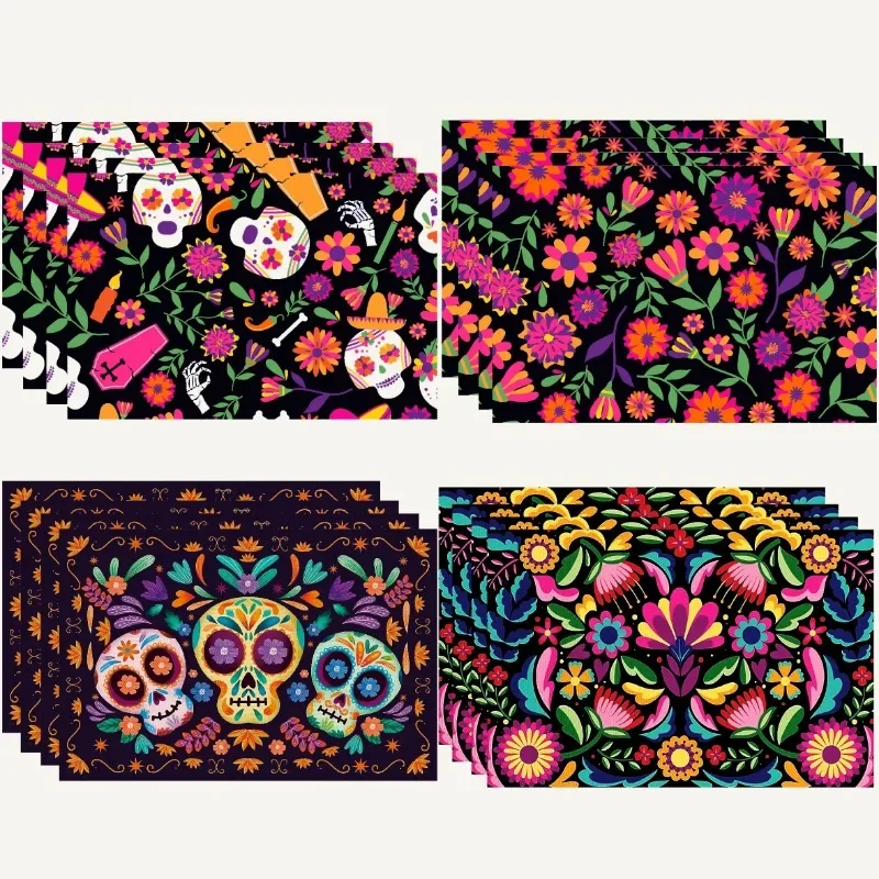 4pcs-Mexican-Style-Colorful-Skull-Placemats-Dia-Muertos-Decor-and-Table ...