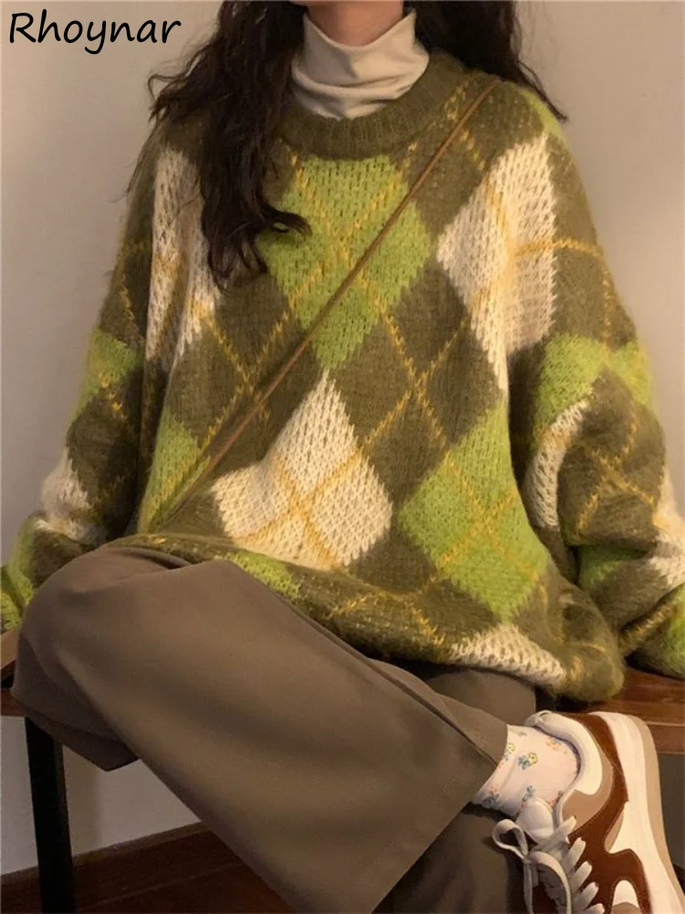 Retro-Green-Pullovers-Women-Cozy-Minimalist-BF-Style-Autumn-Argyle ...