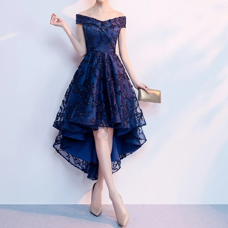 French-Elegant-Slash-Neck-Solid-Evening-Vestidos-High-Waist-Short-Front ...