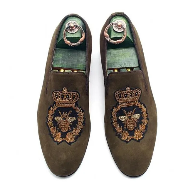 Gold Bees Brown Loafers Cow leather Slip on Fashion Wedding Dress Shoes ...