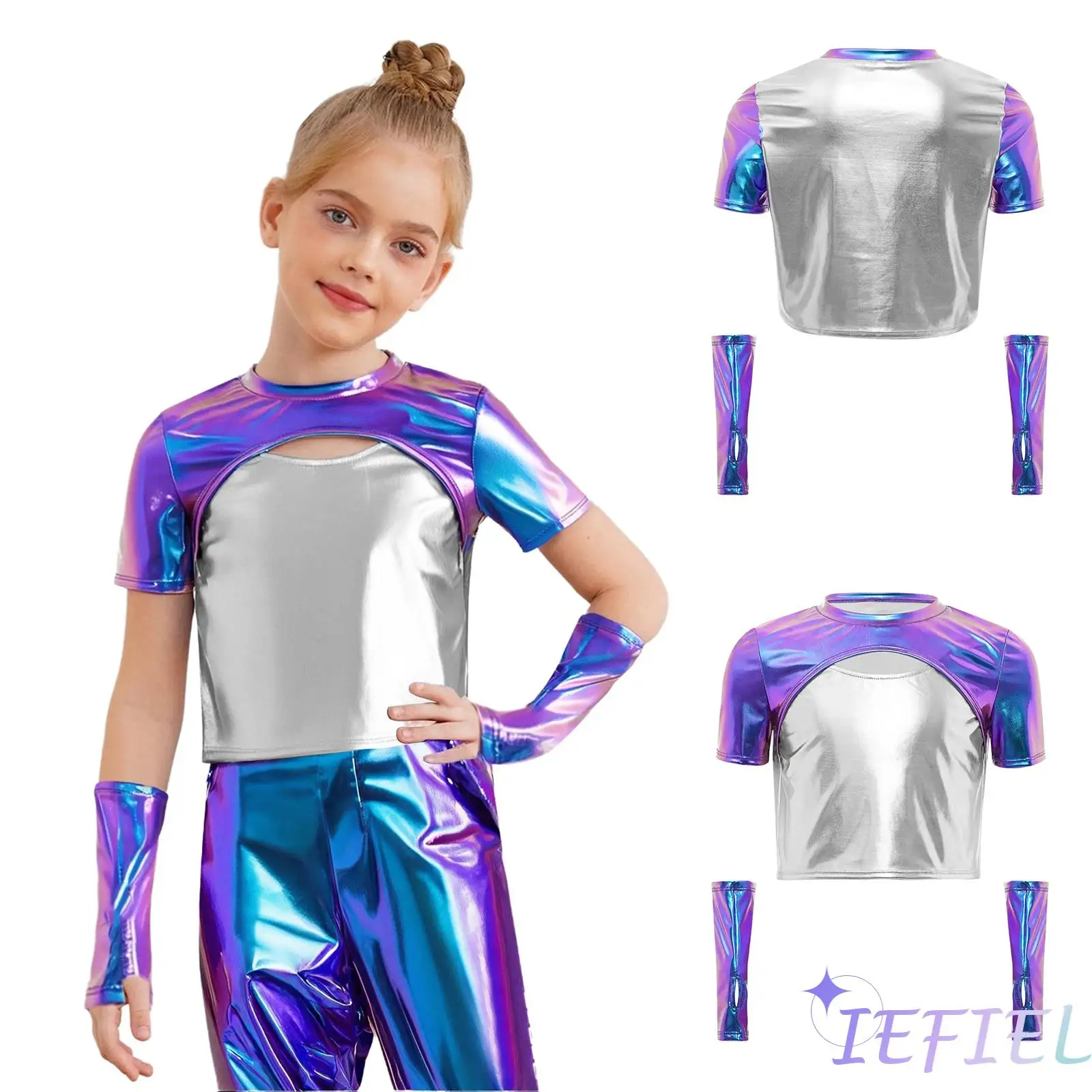 Kids Girls Stage Performance Top Sparkle Metallic Disco Crop Top with ...