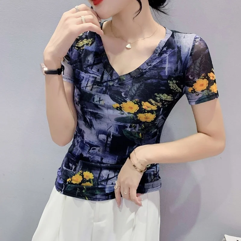 5168-Floral-Printed-Mesh-T-Shirt-Women-V-neck-Vintage-Basic-T-Shirt ...
