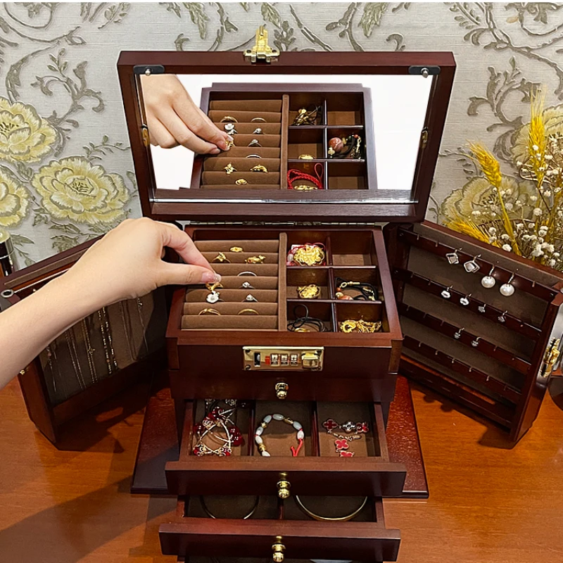 Password-lock-solid-wood-exquisite-necklace-ring-earring-vintage ...