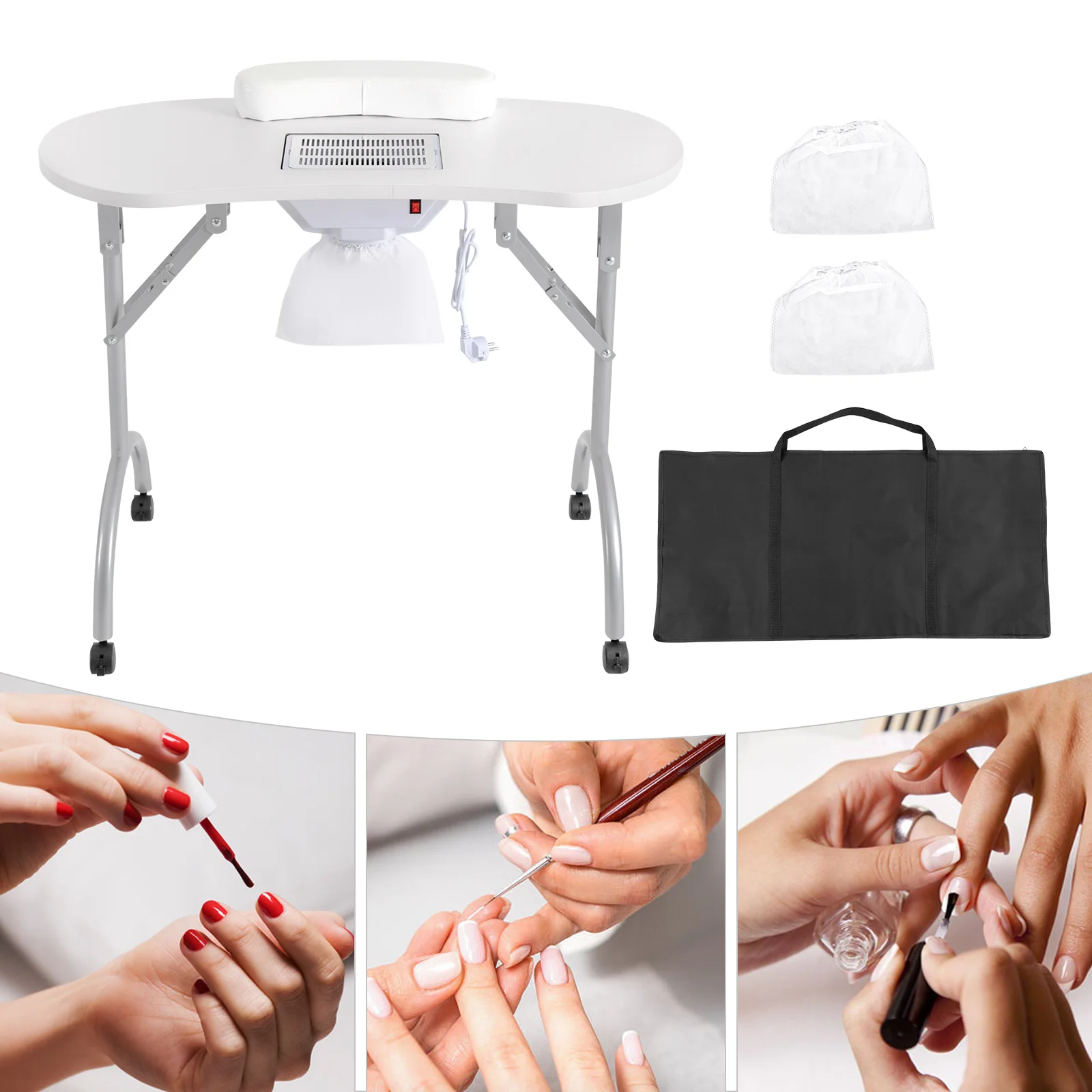 Manicure Table with Suction Mobile Nail Table with Wheels & Dust ...