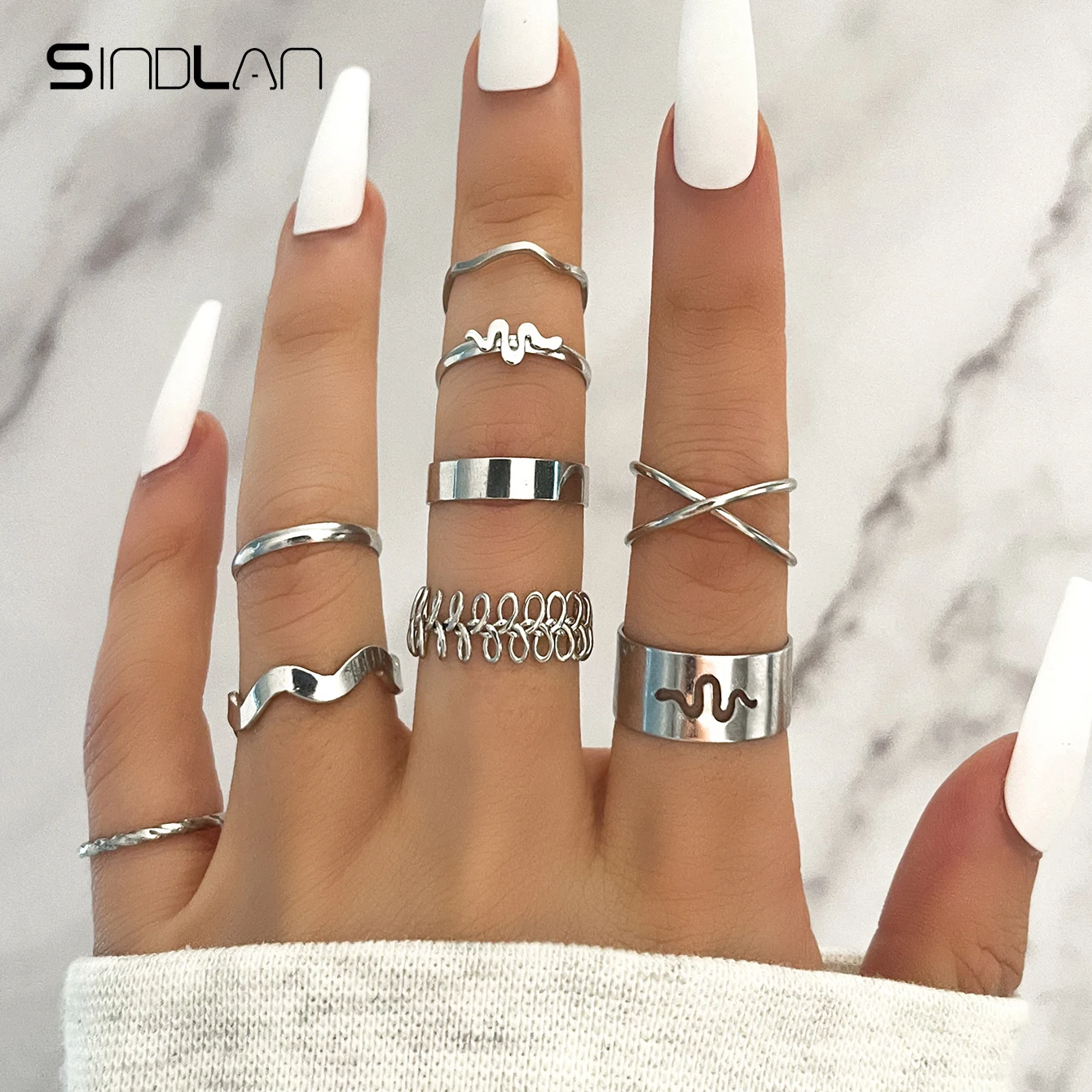 Sindlan 9pcs Punk Silver Color Snake Matching Rings For Women Vintage ...