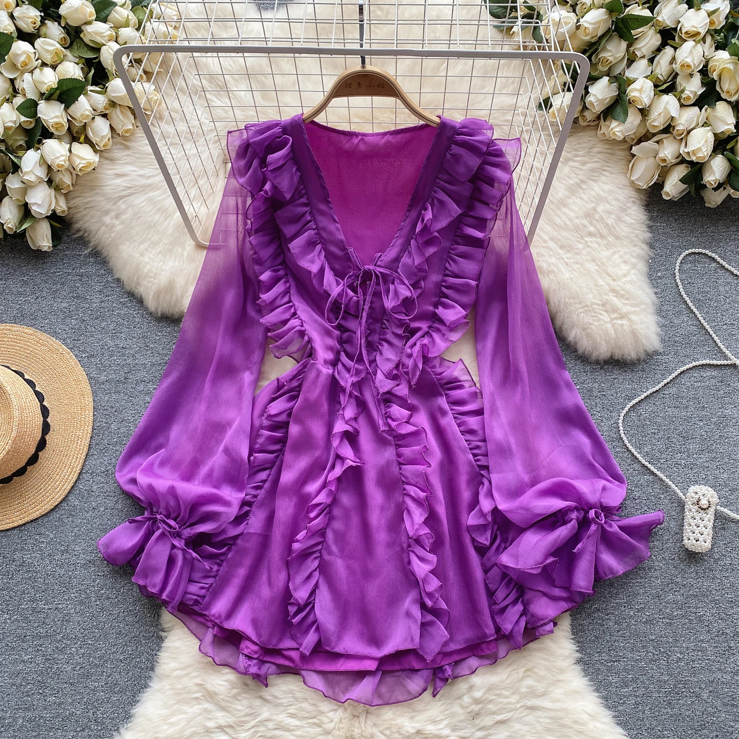 Chic Elegant Ruffle Patchwork Long Sleeve Chiffon Dress Sexy Bithday