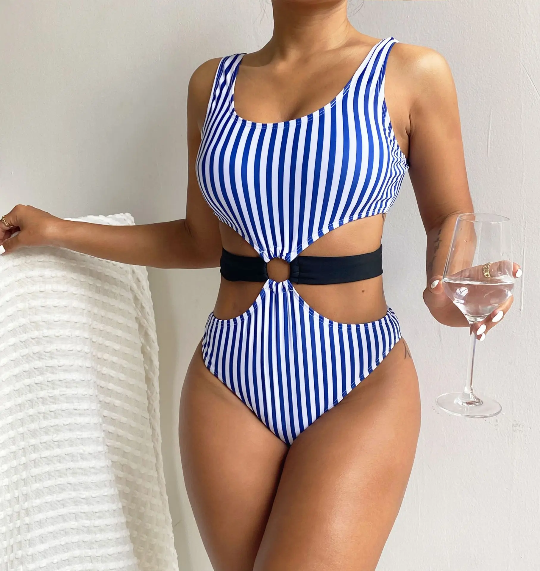 Sexy Blue Striped One Piece Swimsuit Women Hollow Out Ring Linked