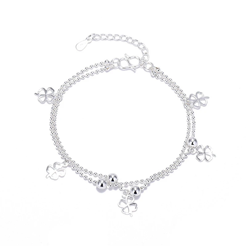 Sterling Silver Color Bracelets for Women Double Layers Four Leaf ...